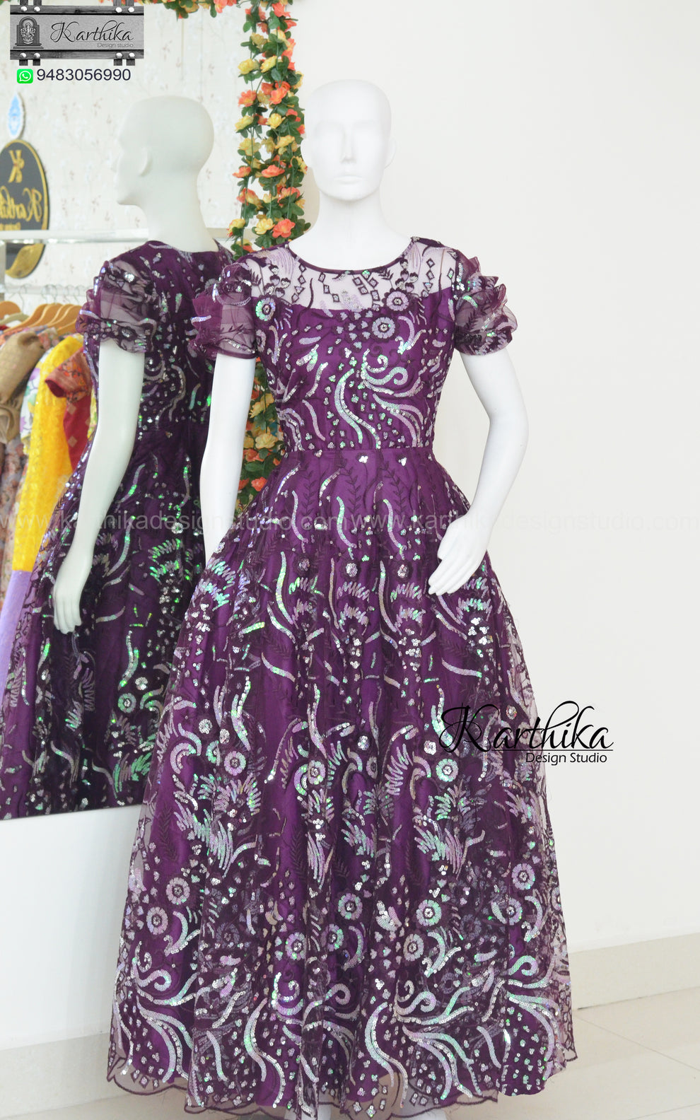 Embroidered net long gown – karthika design studio