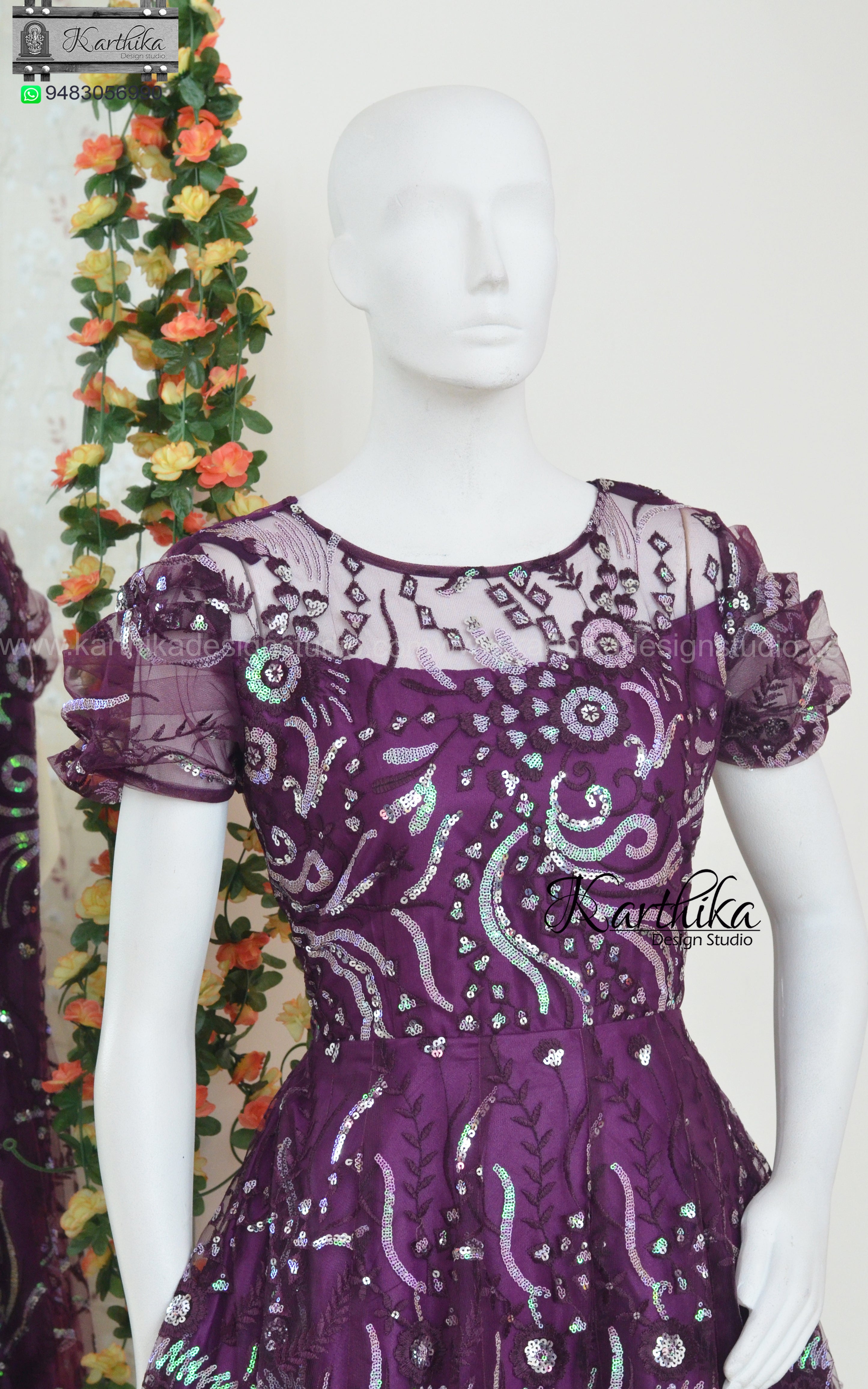 Embroidered net long gown – karthika design studio