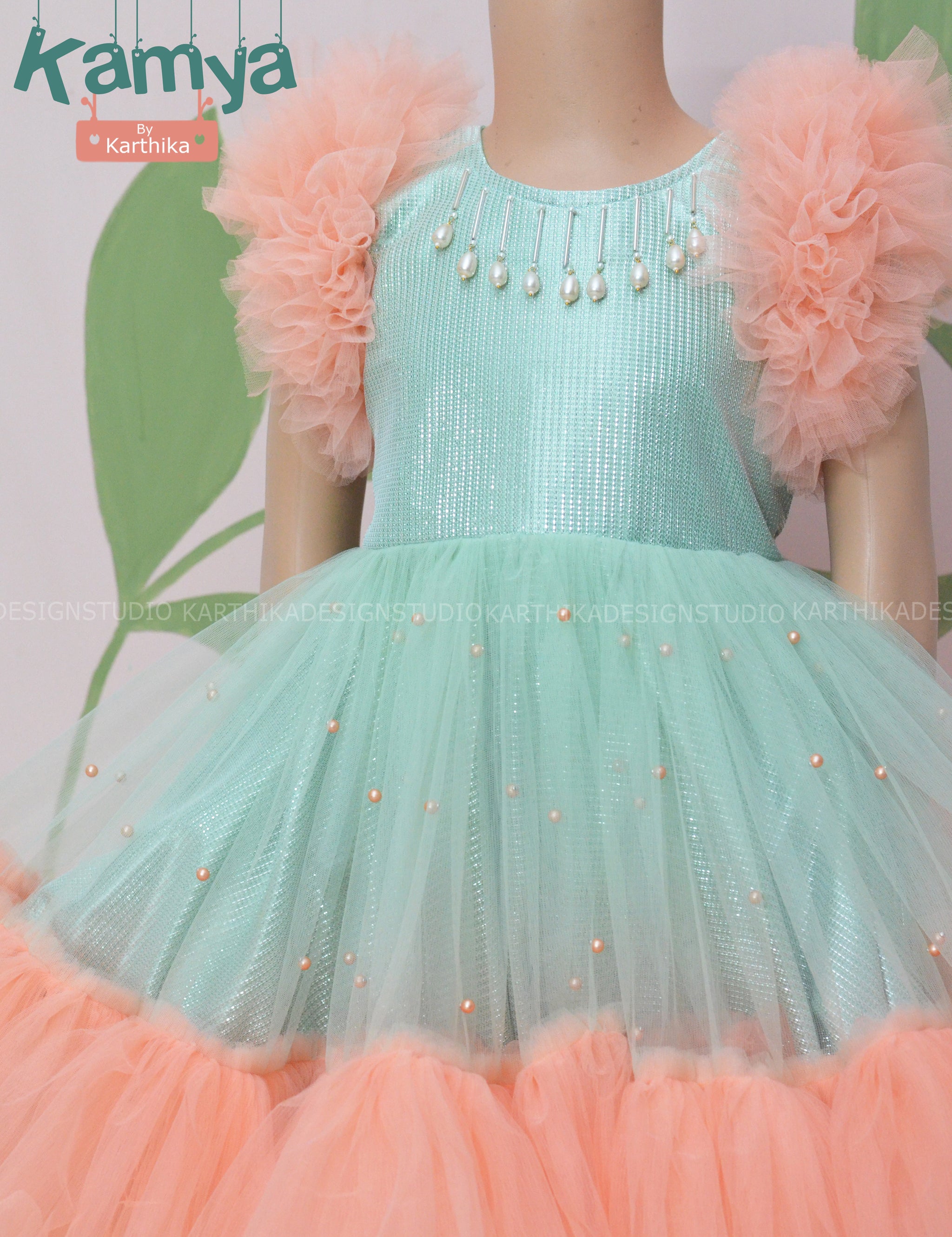 Seagreen peach net frock – karthika design studio