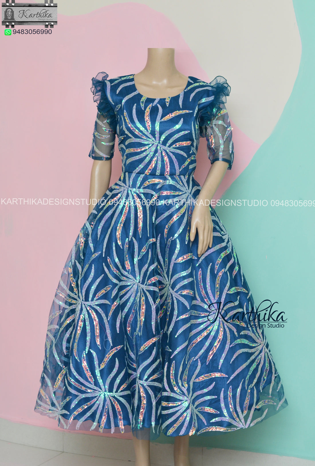 Teal blue embroidered net frock – karthika design studio