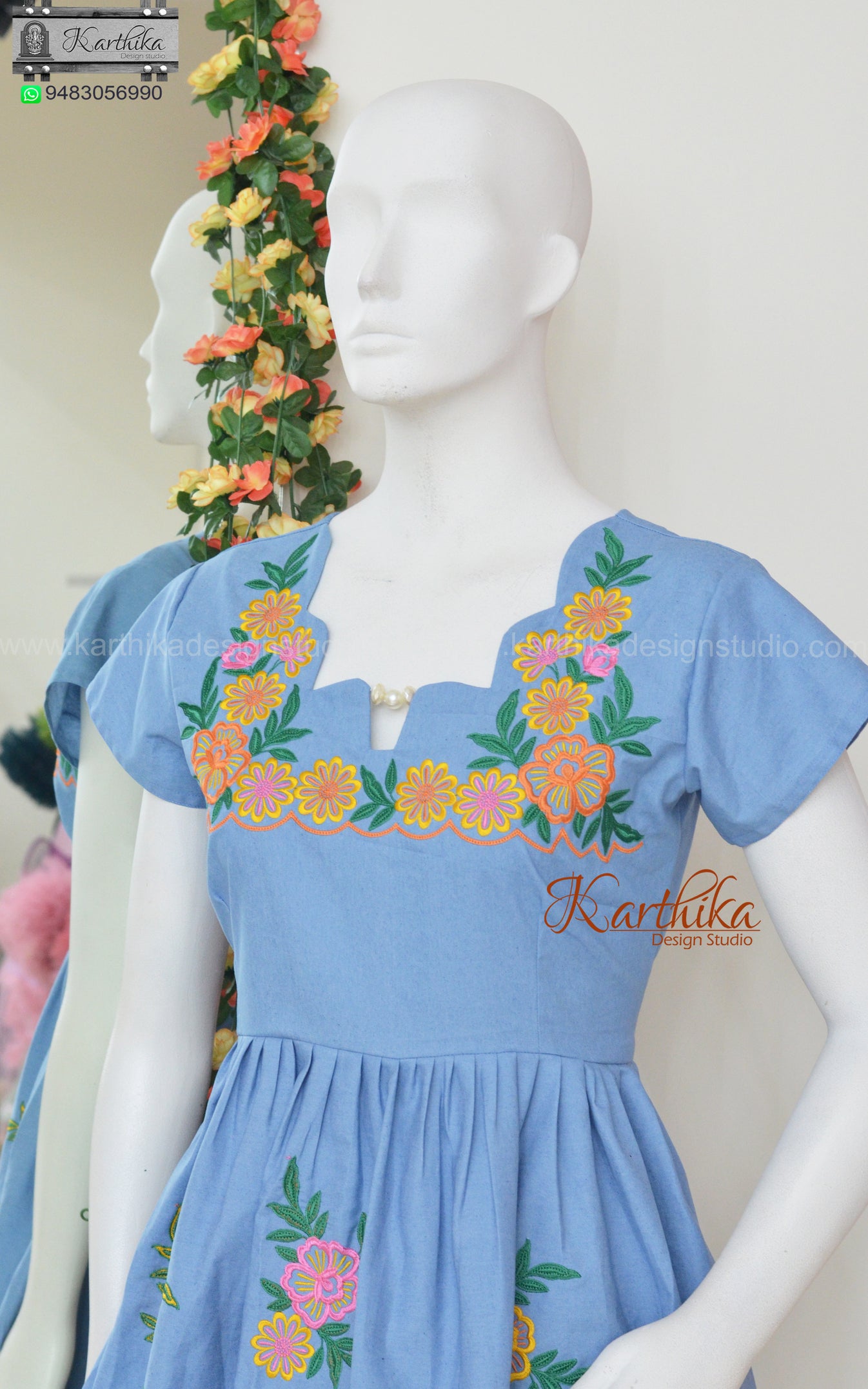 Embroidered denim frock with pockets – karthika design studio