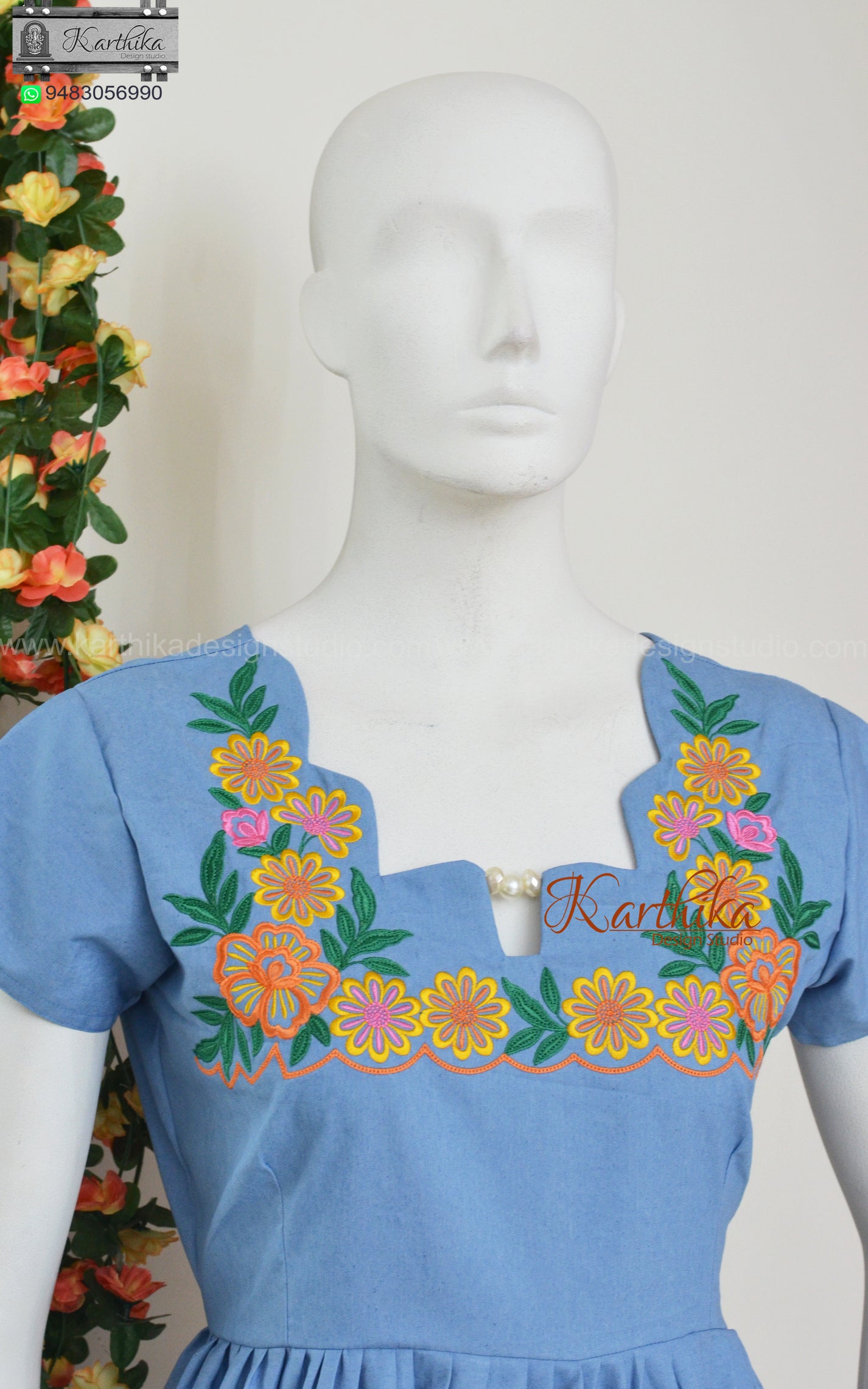 Embroidered denim frock with pockets – karthika design studio