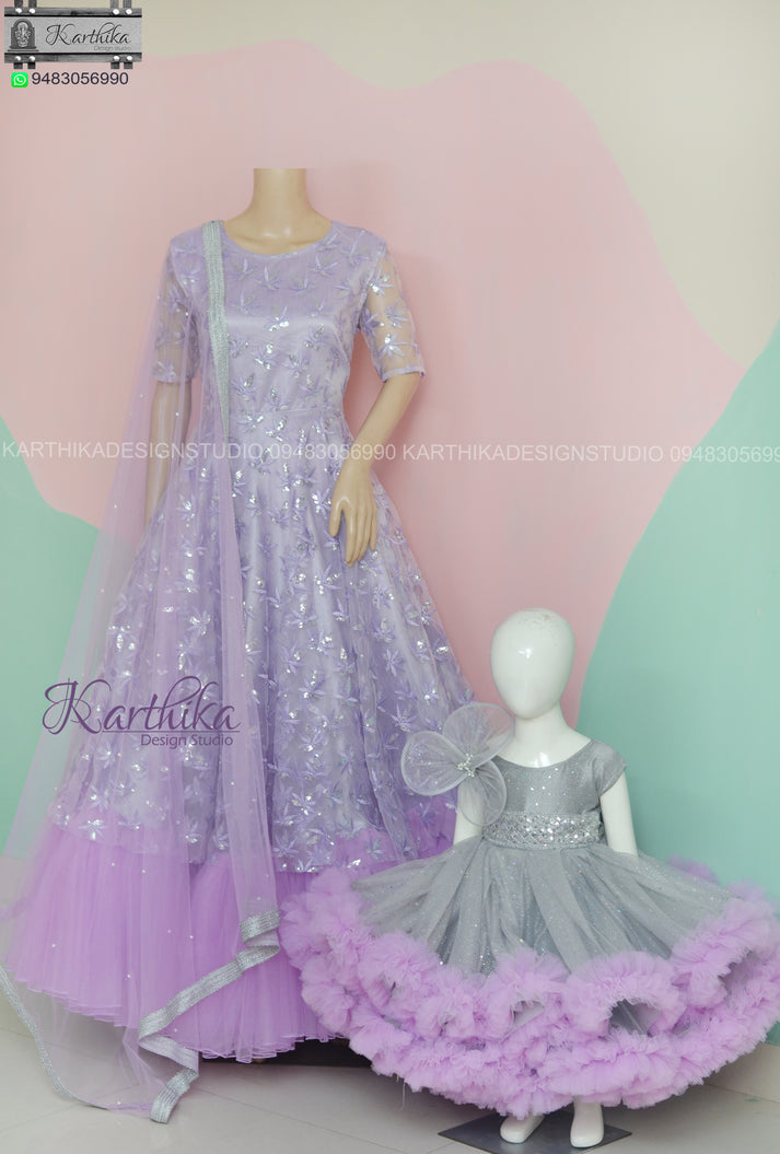 Lavender embroidered net long gown – karthika design studio