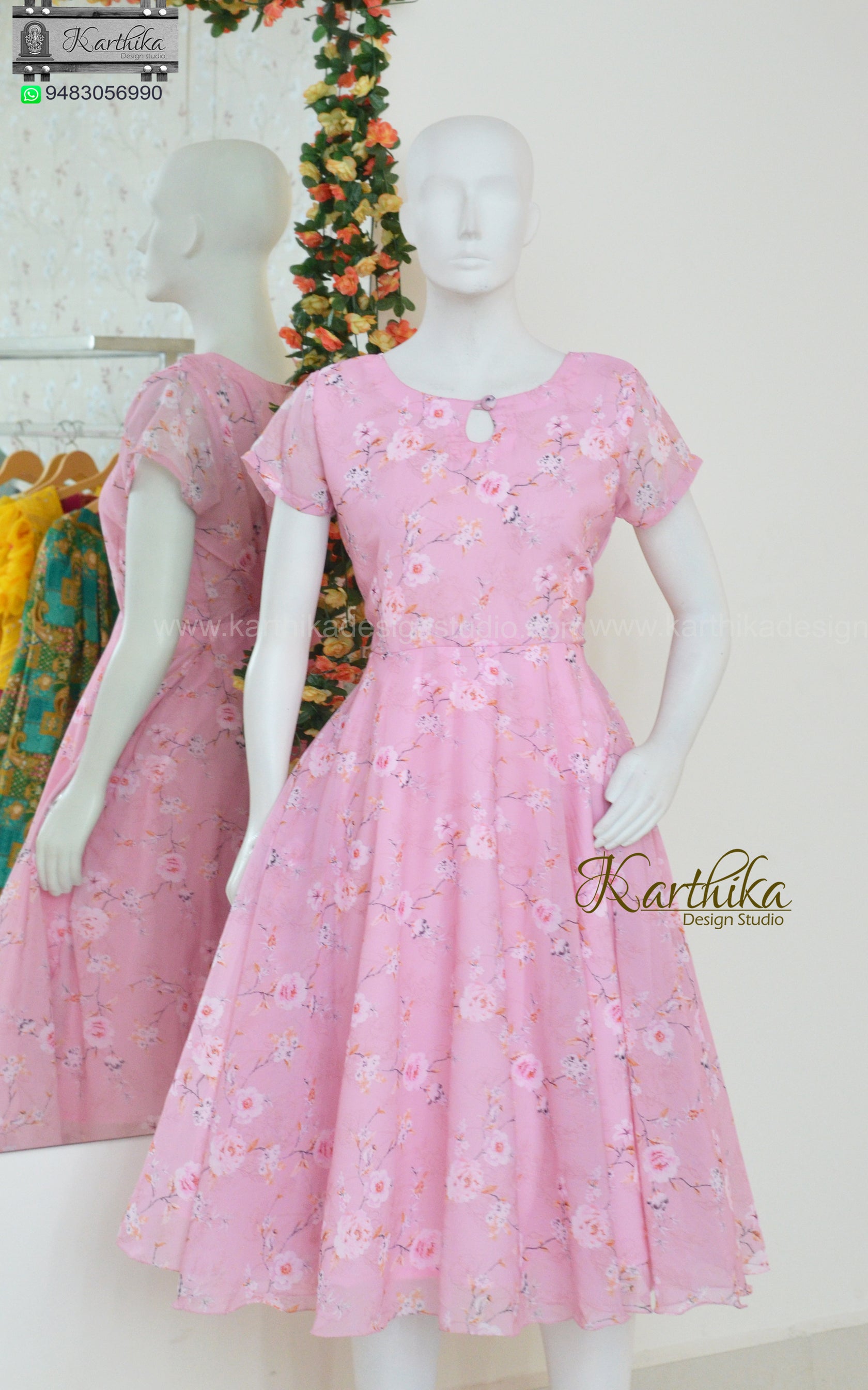 Pink printed georgette frock – karthika design studio