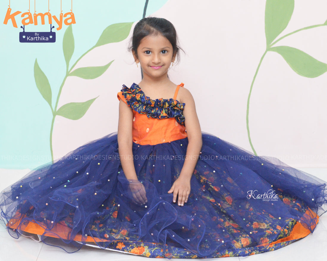 Navy blue and orange birthday frock – karthika design studio